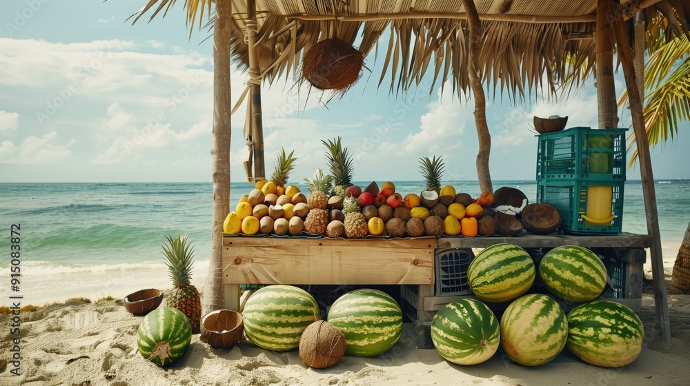 Tropical Fruit Stand on a Beach with Watermelon and Coconuts Stock ...