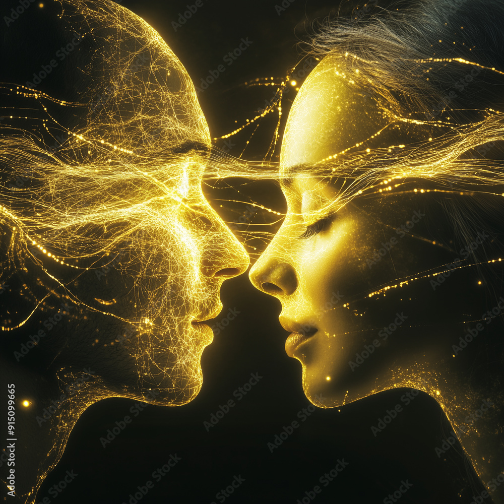 Two faces with digital lines connecting them, one face is male and the ...