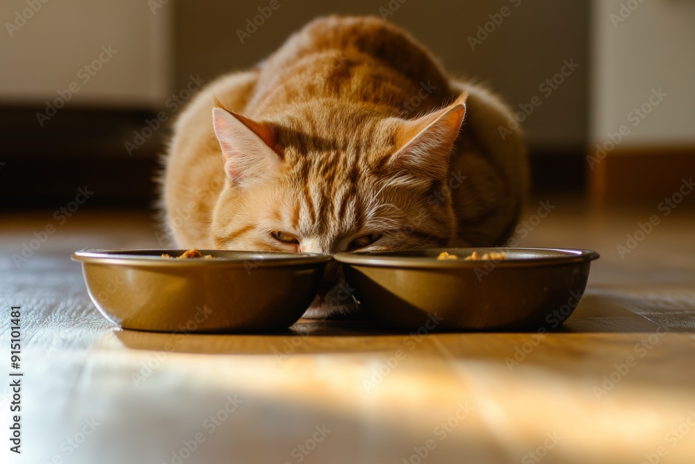 Feasting Feline: A Ginger Cat Enjoying a Meal from Two Bowls on the ...