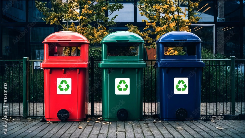 Neatly arranged waste bins for separating recyclable materials ...