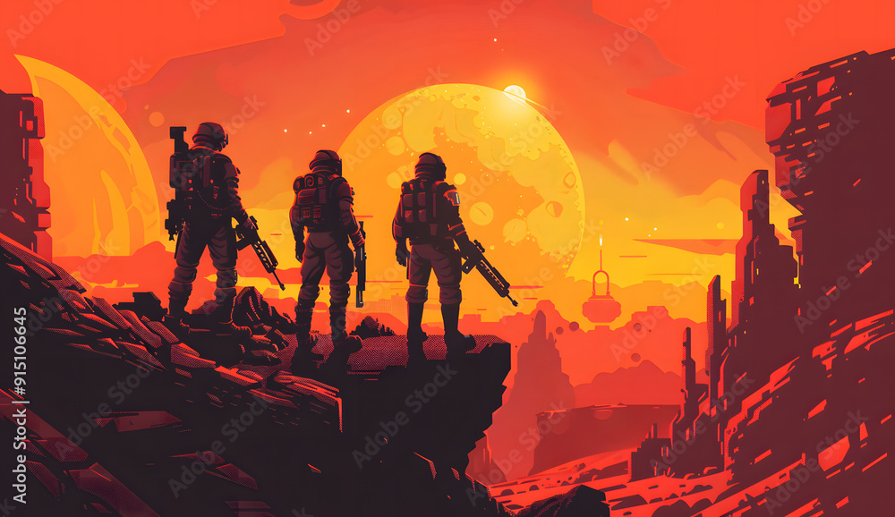 Space cowboys in sci-fi western scene. Sci-fi warriors of the wasteland ...