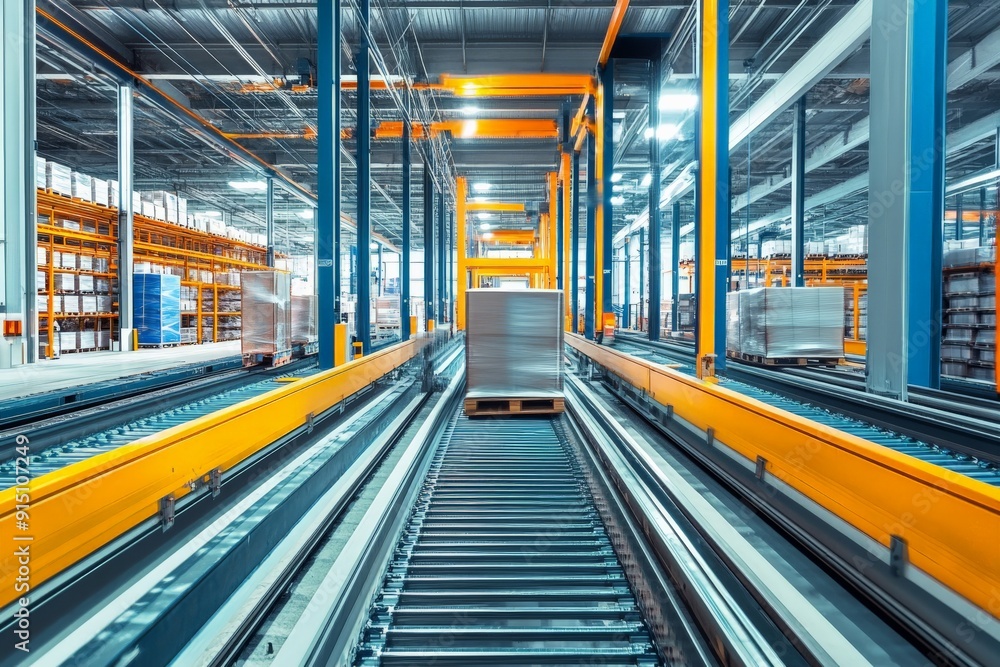 Modern automated warehouse with conveyor belts and storage sections ...
