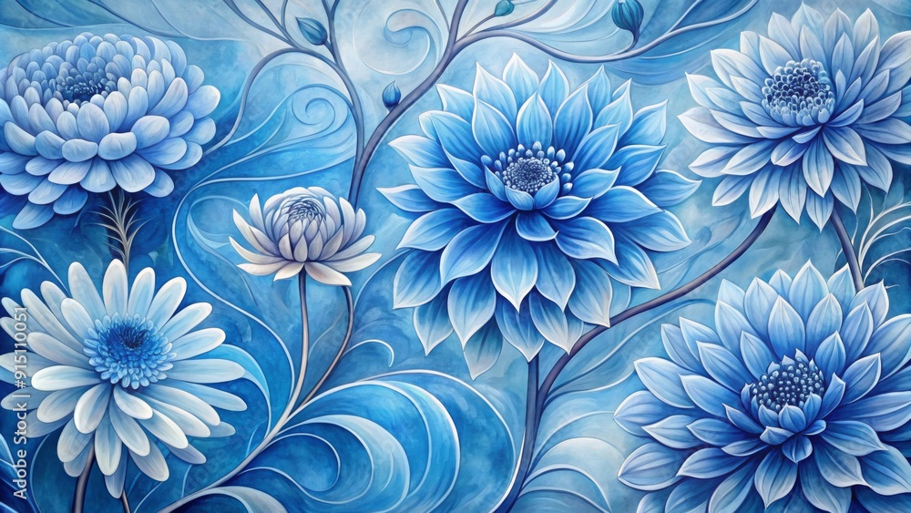 Blue Hues Acrylic Painting of Delicate Flowers with Swirling Vines ...