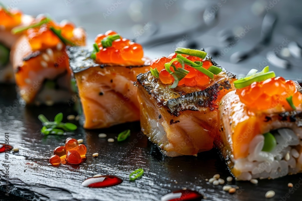 Smoked Salmon Sushi Rolls, Japanese Susi with Green Onions, Flying Fish ...