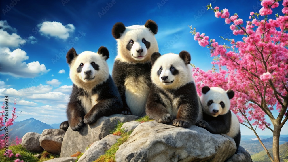 Four Pandas on Rocks with a View of Mountains and Cherry Blossoms ...