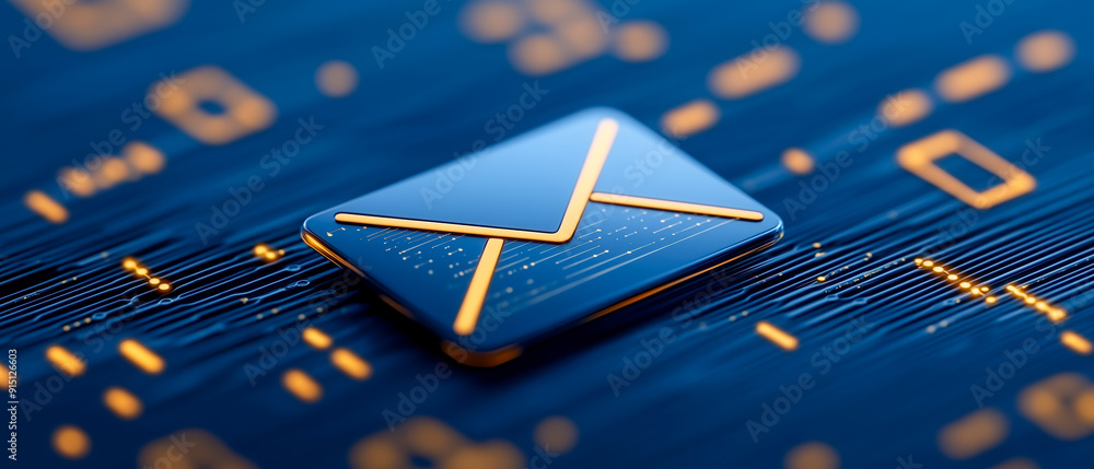 A sleek email icon with an orange glow, integrated into a high-tech ...
