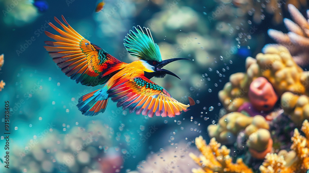 A rare and vibrant bird flying above a colorful coral reef underwater ...