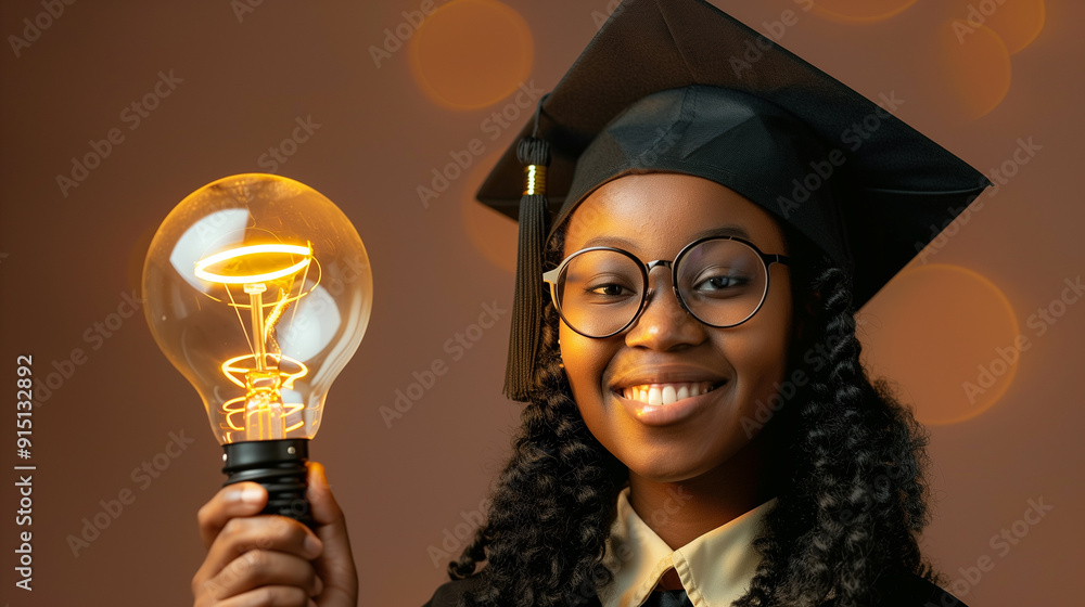 dark skinned female graduate in her academic gown, holding a glowing ...