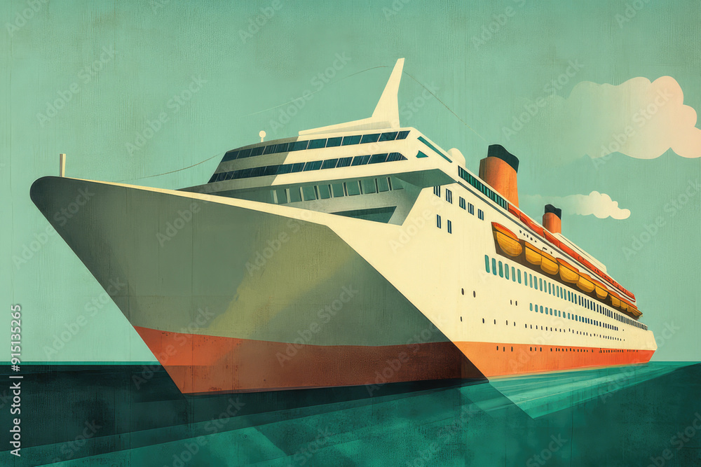 This artwork depicts a luxury cruise ship sailing on the ocean ...