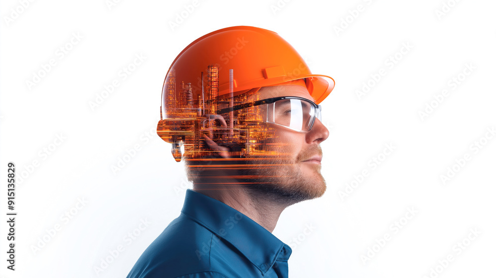 Profile of an industrial engineer wearing an orange hard hat and safety ...