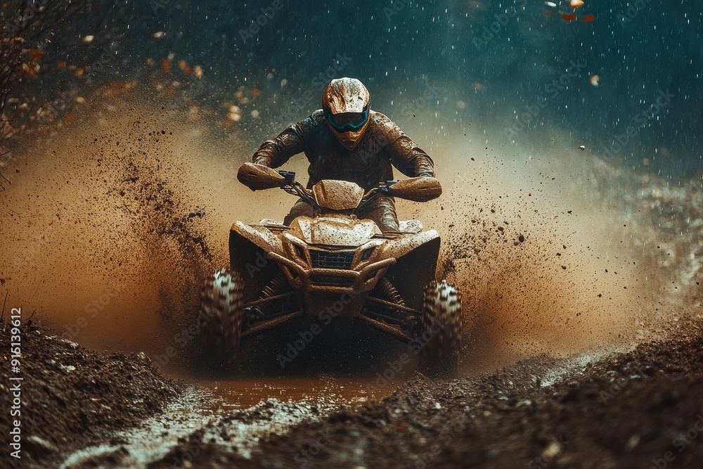 Foto de Extreme atv quad biking in rainy forest, off road adventure ...