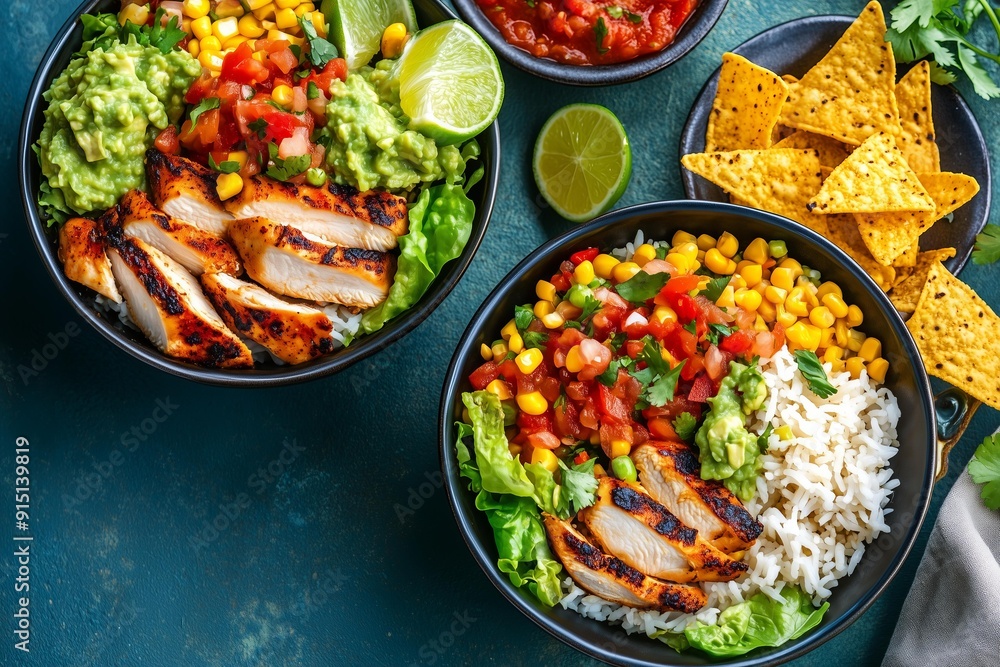 two vibrant Mexican style rice bowls filled with grilled chicken slices ...