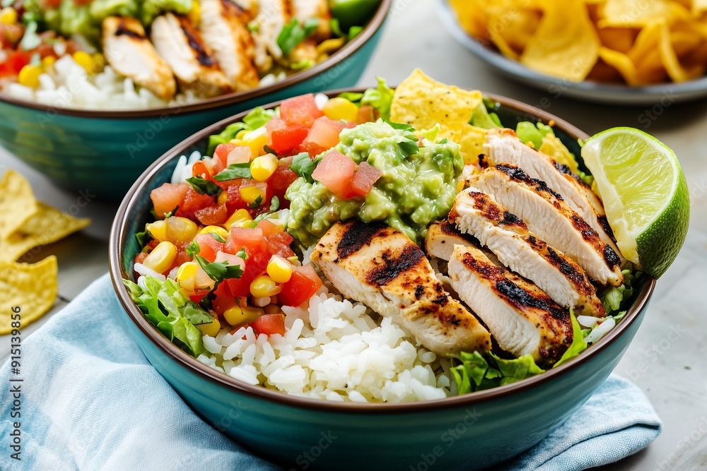 two vibrant Mexican style rice bowls filled with grilled chicken slices ...