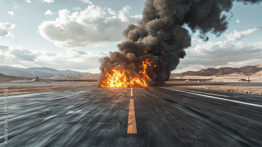 Massive Fiery Explosion with Dense Black Smoke on Airport Runway ...