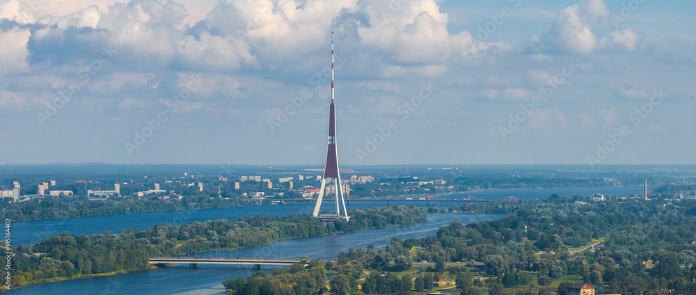 Aerial view of the Riga Radio and TV Tower in Riga, Latvia is the ...