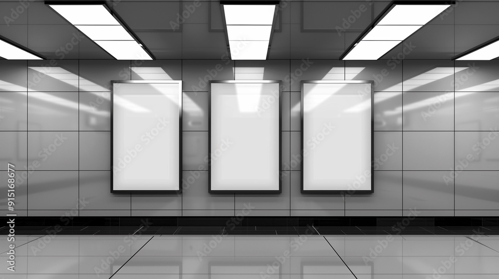 Modern indoor space with three blank advertising posters aligned on a ...