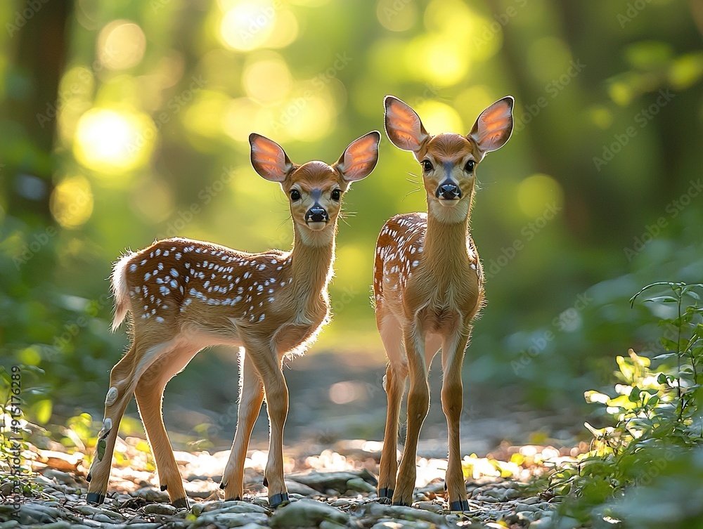 A white-tailed deer fawn and its hind strolling along a quiet woodland ...