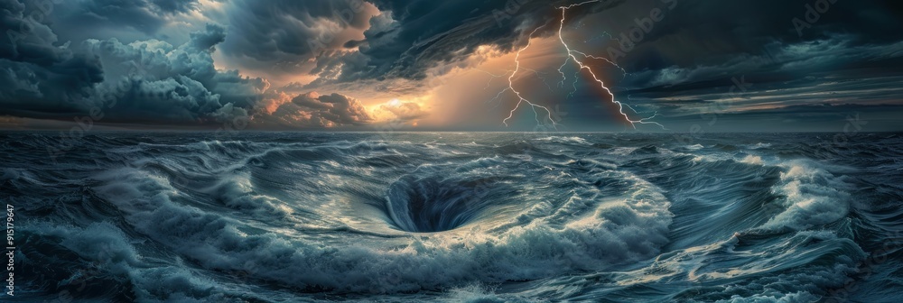 Icredible, huge whirlpool in ocean, sea bellow supercell with lightning ...