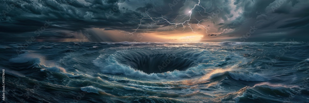 Icredible, huge whirlpool in ocean, sea bellow supercell with lightning ...