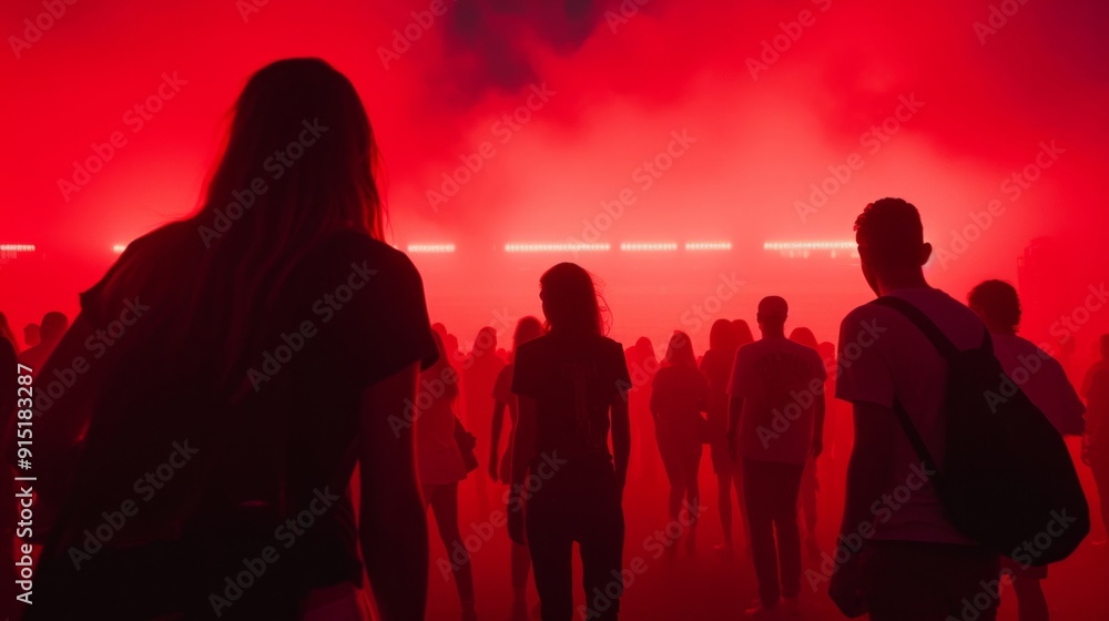 cinematic still, people having fun on music festival, volumetric red ...