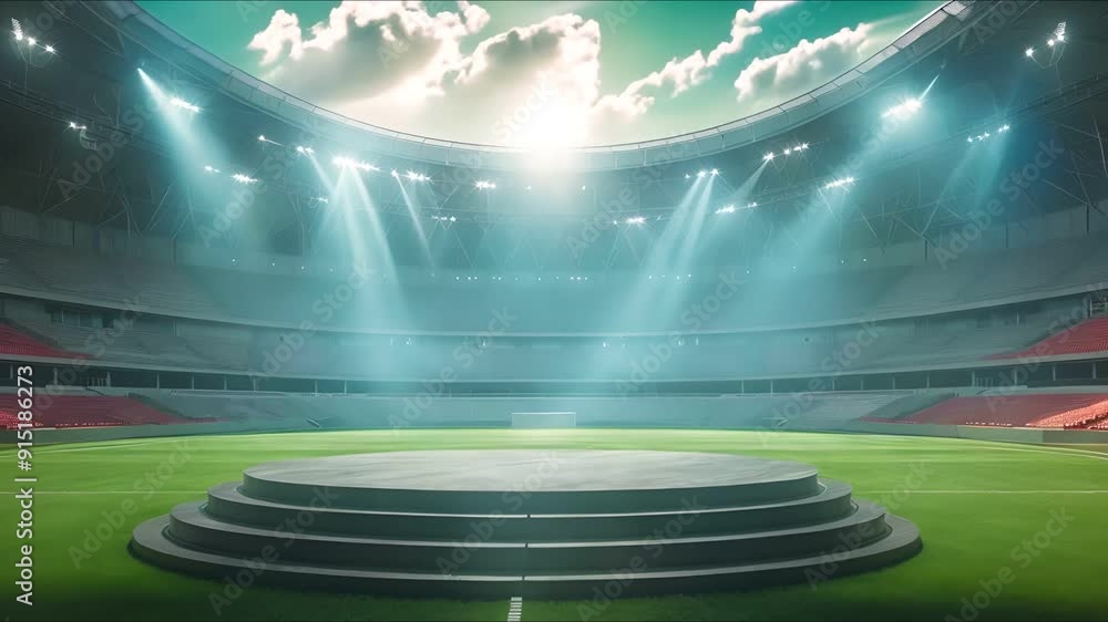 Empty football stadium with stage platform, bright lights and a lush ...