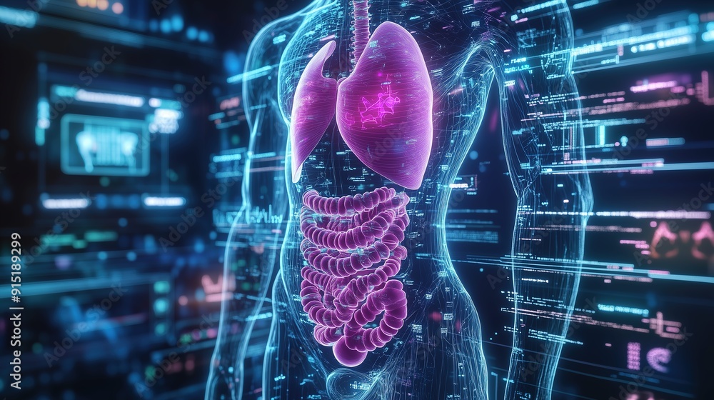 A highly detailed, futuristic medical illustration showing the human ...