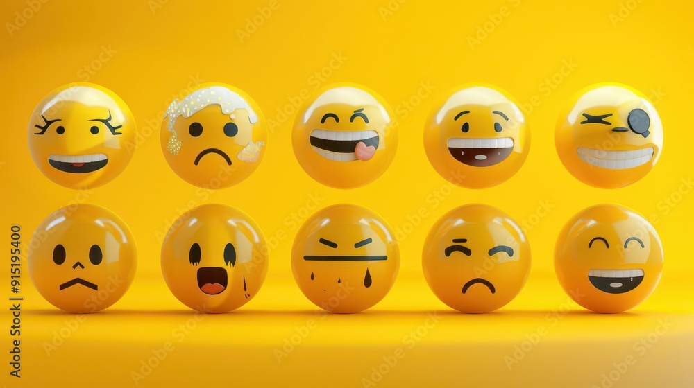set of realistic 3d yellow glossy emoji icons on various topics Stock ...