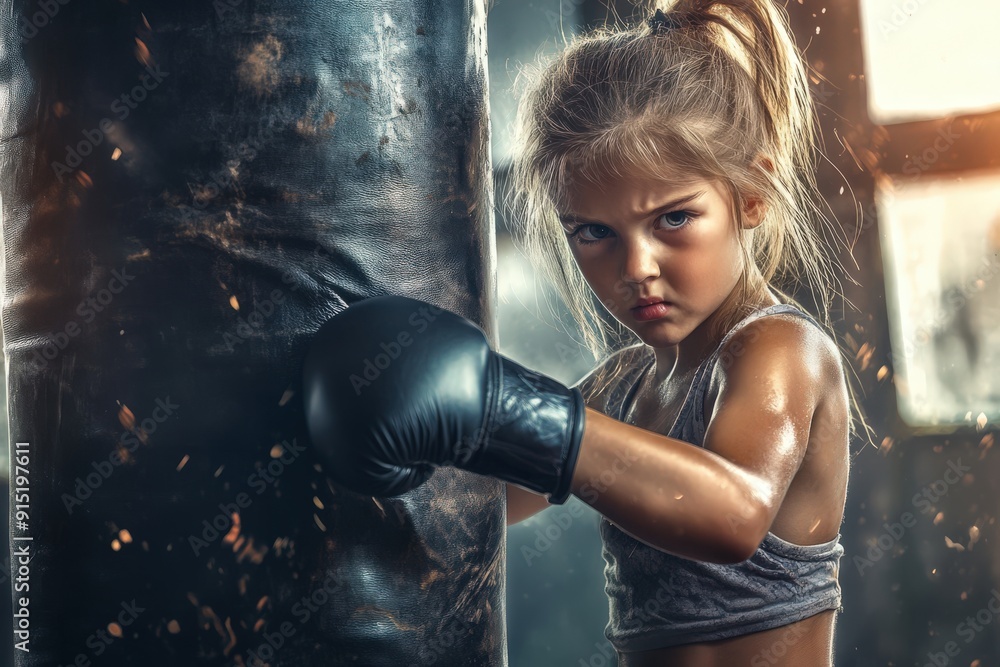 An intense young girl, dressed in boxing gear, powerfully punching a ...
