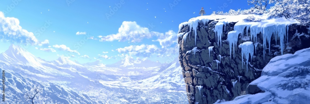 Animated-Style Snowy Cliff Overlooking a Pristine Icy Landscape ...