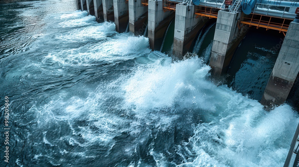 Powerful Water Flow Through Dam Gates in a Hydroelectric Power Station ...