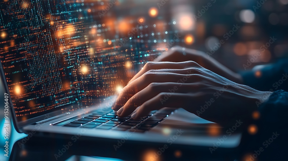 Hands typing on a laptop keyboard with code snippets, representing data ... Hands typing on a laptop keyboard with code snippets, representing data ...