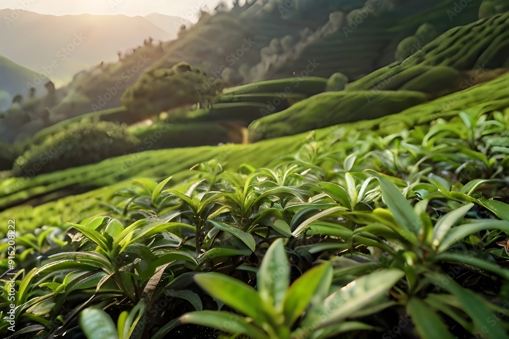 Green tea tree leaves field plant in camellia sinensis organic farm ...