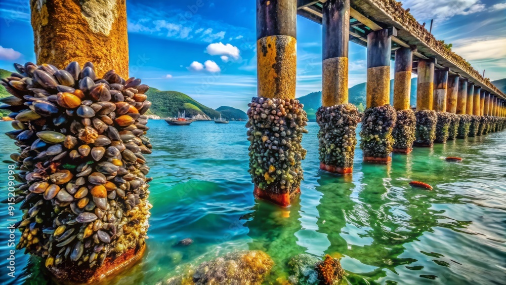 Colorful clusters of mussels and barnacles cling to rustic pillars and ...