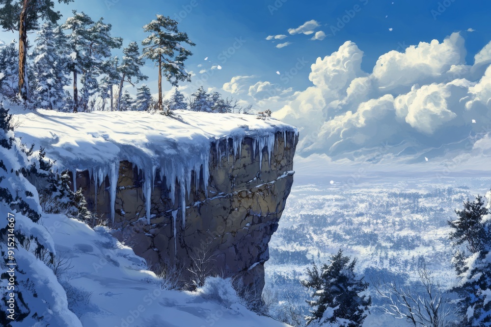 ภาพประกอบสต็อก Animated-Style Snowy Cliff Overlooking a Pristine Icy ...
