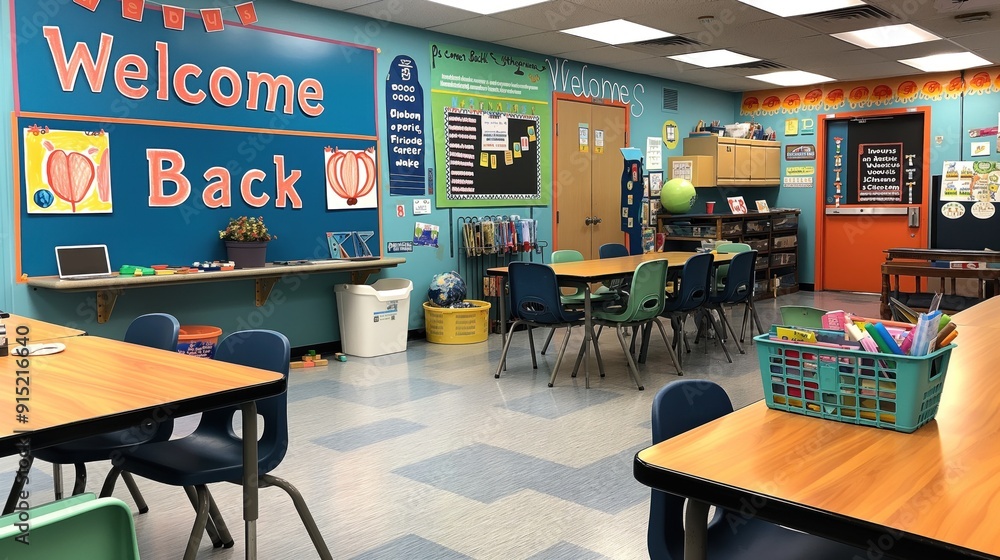 Bulletin board filled with "Welcome Back" messages and student artwork ...