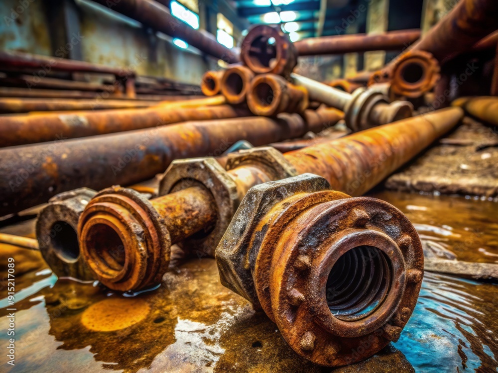 Rusted old drain pipes with worn-out bolts and corrosion, lying ...