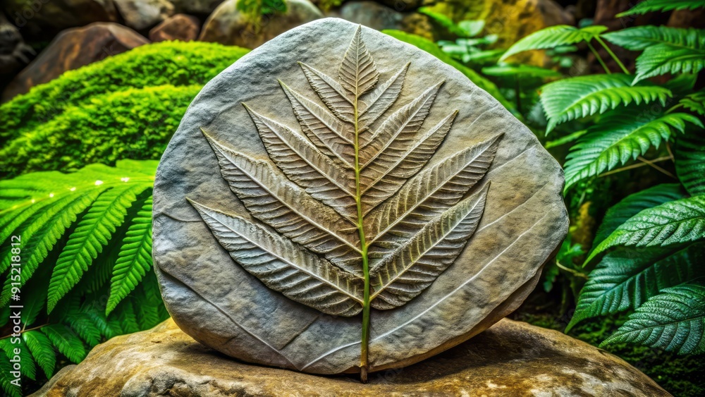 Ancient fossilized leaf impression preserved in stone, surrounded by ...