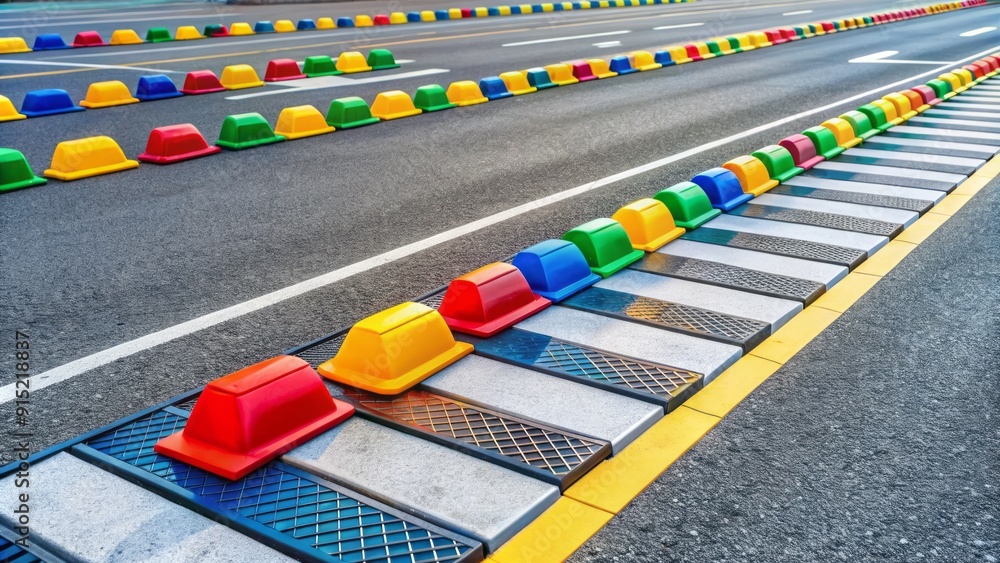 Colorful plastic wheel stops with reflective stripes are arranged in a ...