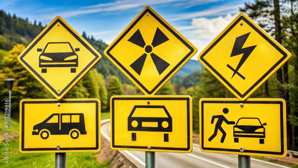 Yellow warning signs with bold black letters and symbols convey ...