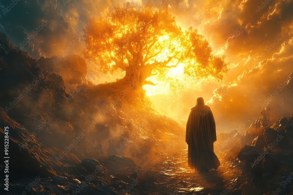 dramatic scene of moses encountering the burning bush with divine light ...