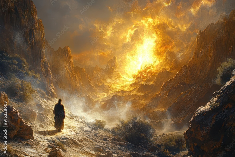 dramatic scene of moses encountering the burning bush with divine light ...