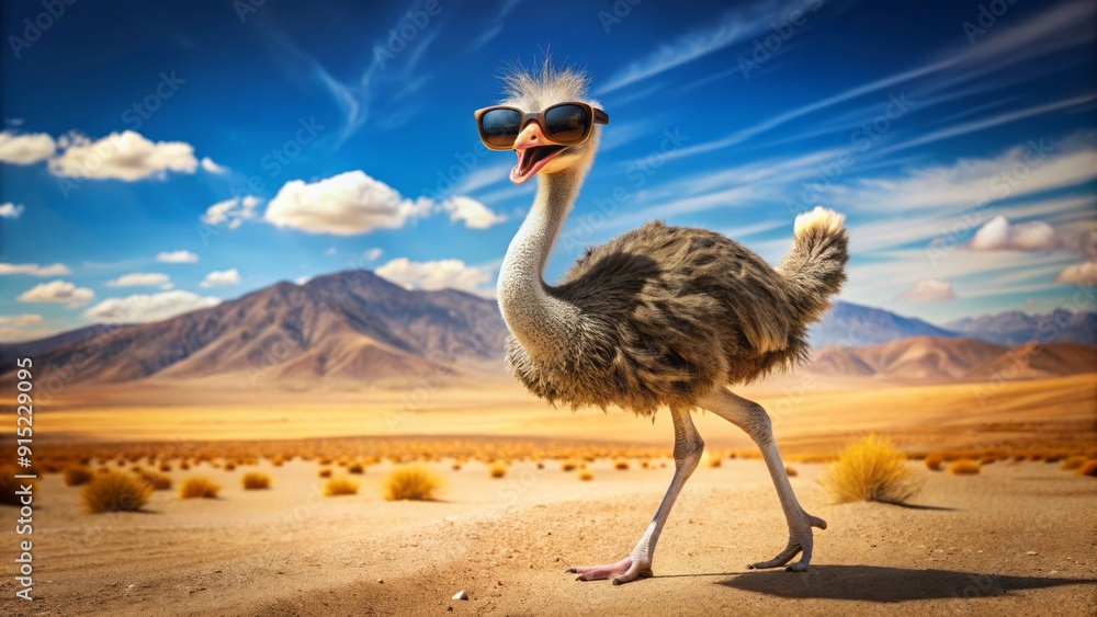 Amusing ostrich wears sunglasses and a goofy grin, standing on one leg ...
