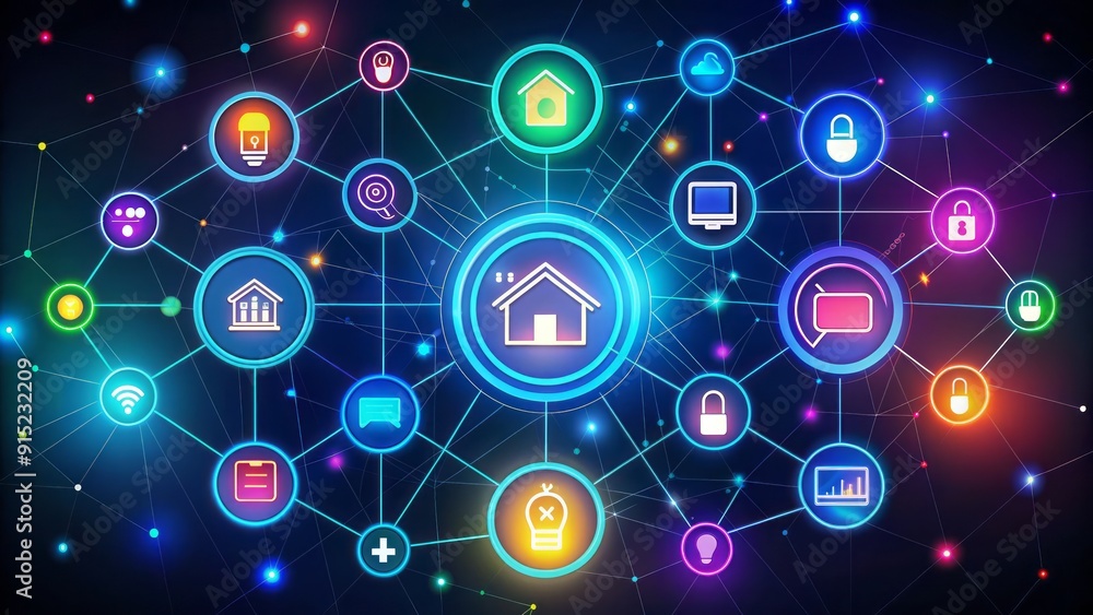 Assortment of colorful IoT icons representing smart home devices ...