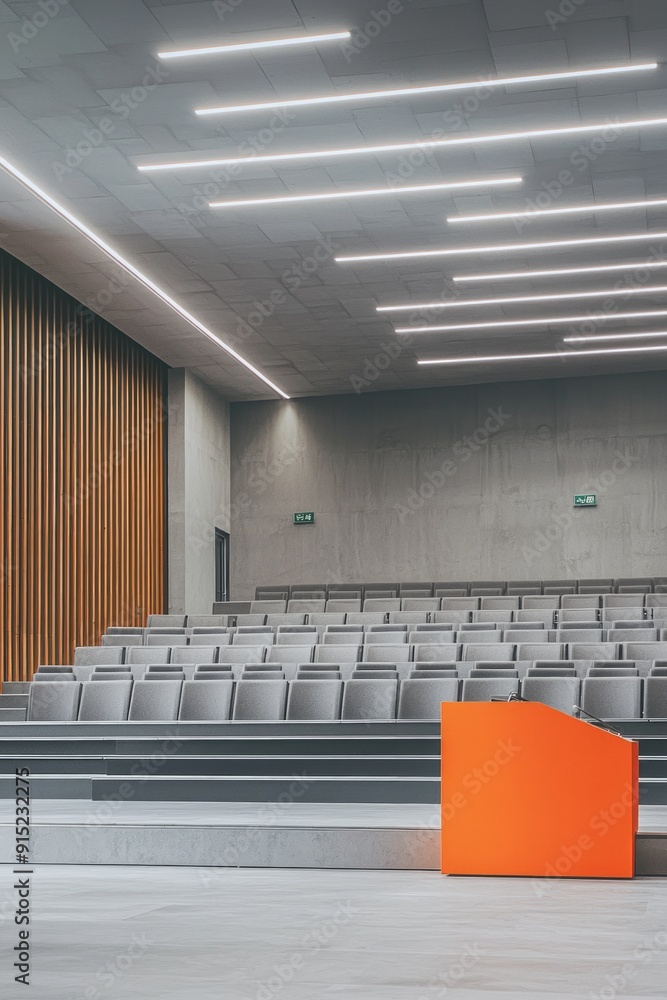 An ultramodern grey university auditorium with expansive grey walls and ...