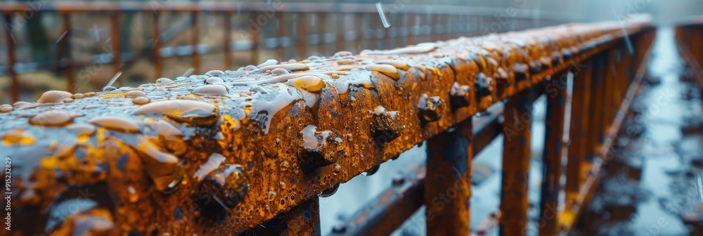 Corroding Metal Railings With Raindrops Leading To Rust Formation At Joints The Impact Of