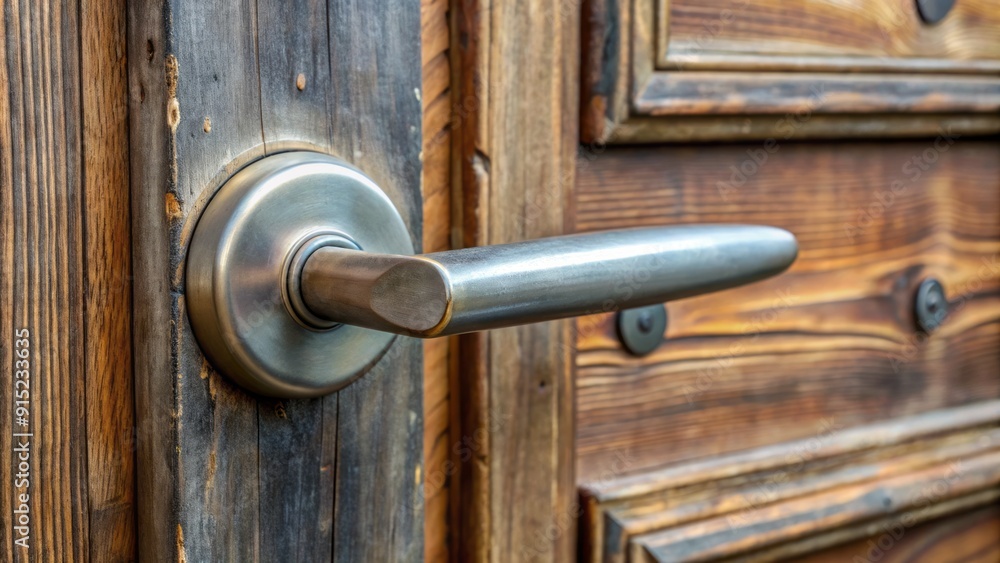 A worn, metallic door handle awaits a gentle grasp, its rounded form ...