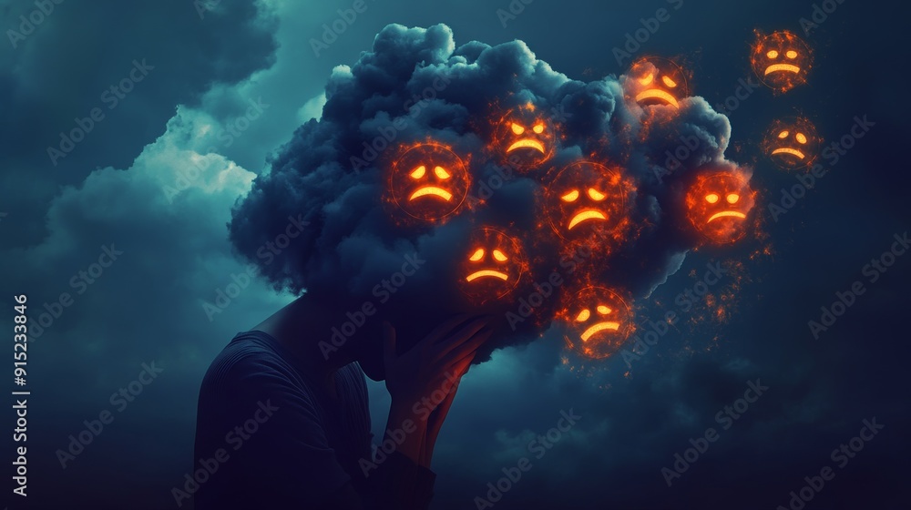 Surreal art depicting a person with a dark cloud of glowing sad faces ...