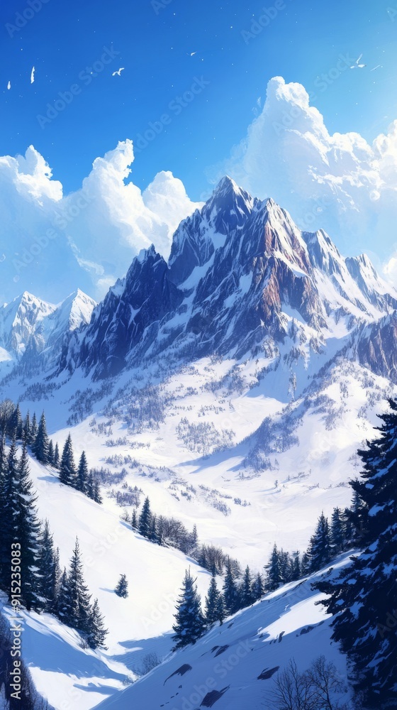 Snowy Peaks in a Winter Wonderland: Anime-Style Mountain Range Towering ...