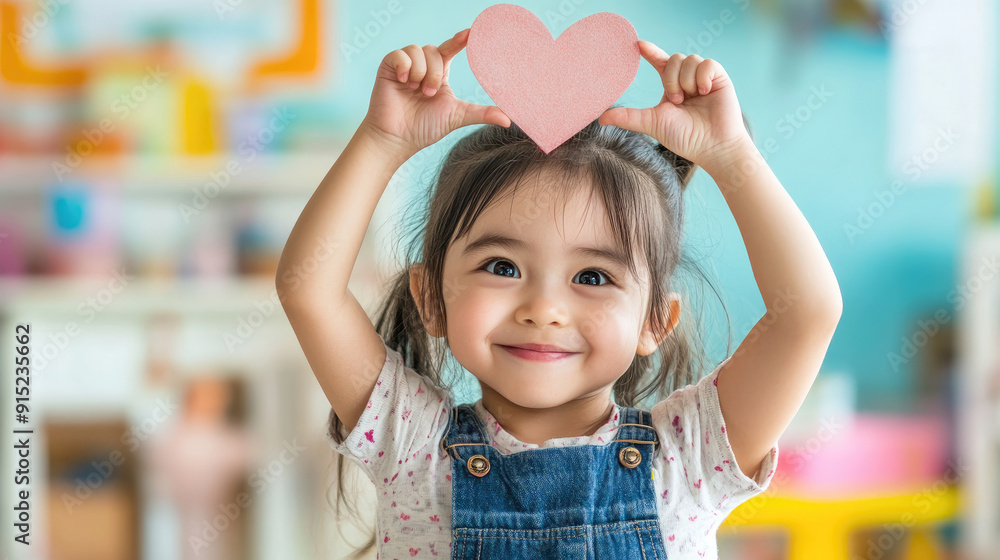 Expressions of Joy A little girl raises both her hands to form a heart ...