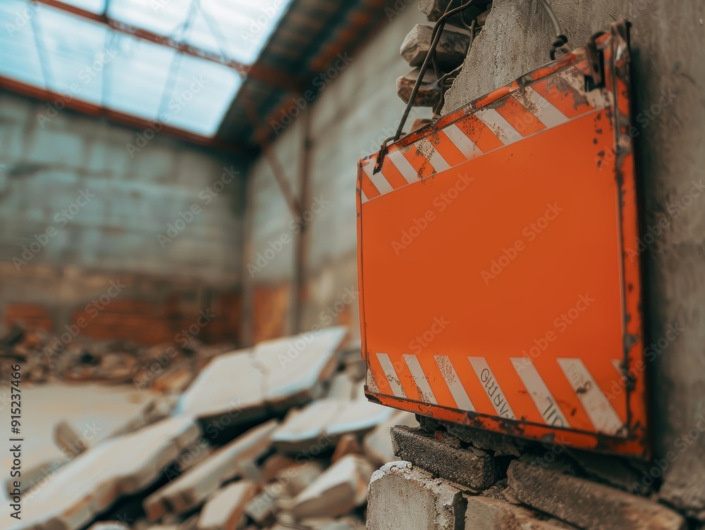 abandoned warehouse with rusty sign and debris, industrial building ...